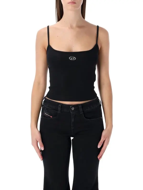 DIESEL® Ribbed Stretch Cotton Top With Metallic Oval D Logo - Black