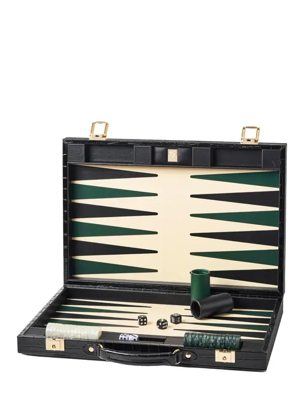 ASPINAL OF LONDON 17-inch Croc-embossed Leather Backgammon Set - Black