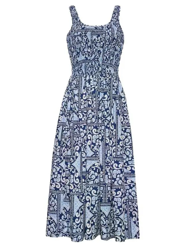 Cara Cara Bergamo Tile-print Smocked-waist Midi Dress - Blue