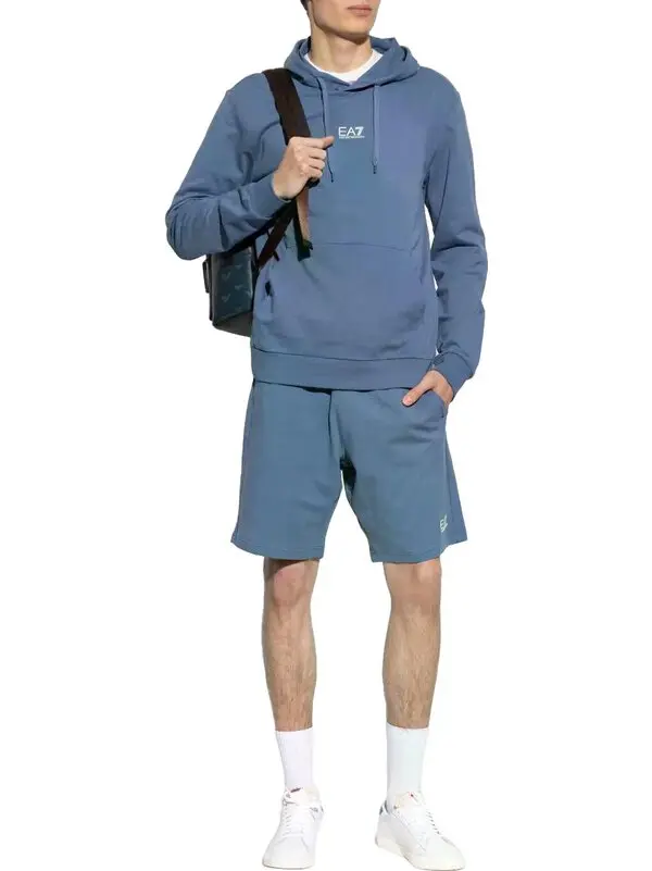 EA7 Logo Print Drawstring Hoodie - Blue