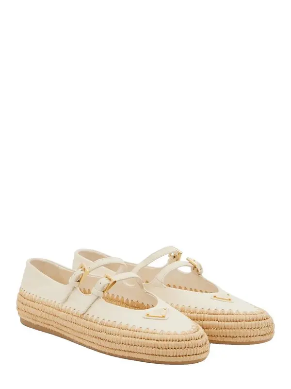 Prada Leather And Raffia Mary Jane Flats - White