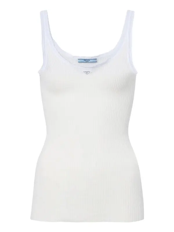 Prada Ribbed-knit Cotton Tank Top With Lace Trim - White