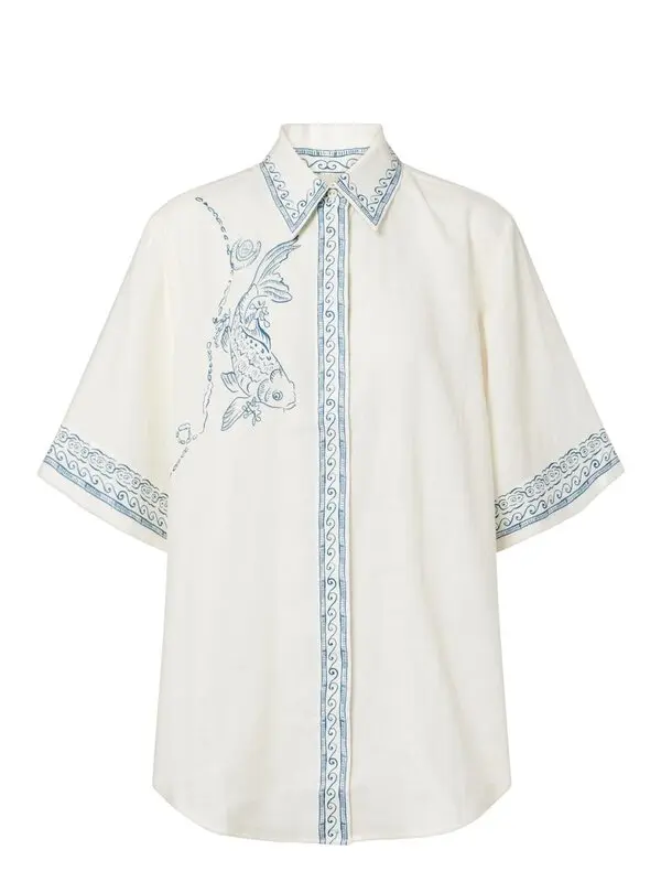 ALEMAIS Printed Linen Oversized Shirt - White