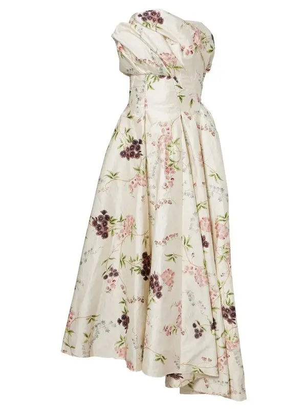 Erdem Draped Floral Satin Cocktail Dress - White