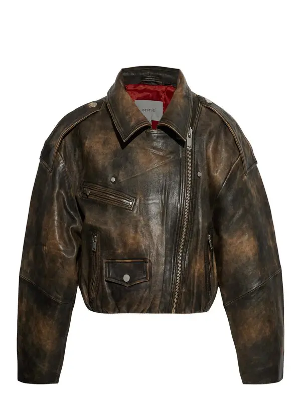 GESTUZ Gzdiana Distressed Leather Biker Jacket - Brown