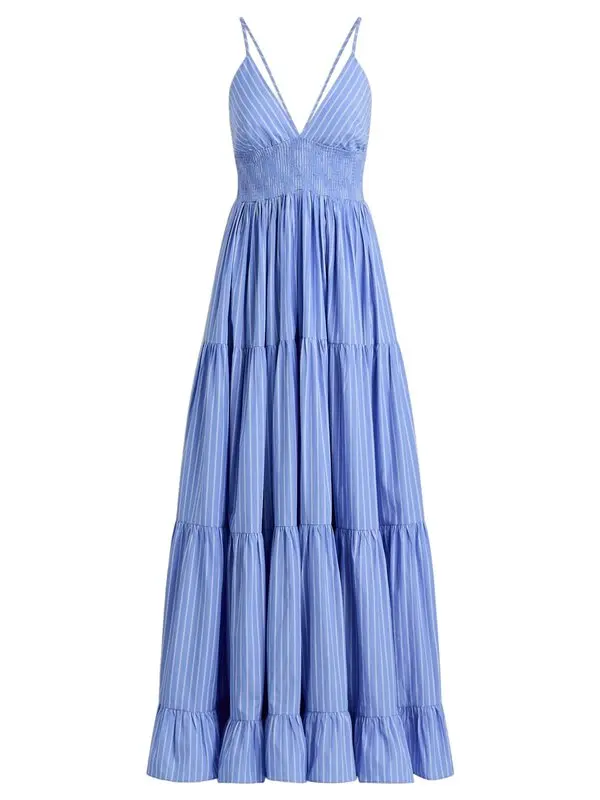 Scanlan Theodore Stripe Cotton Tiered Maxi Dress - Blue