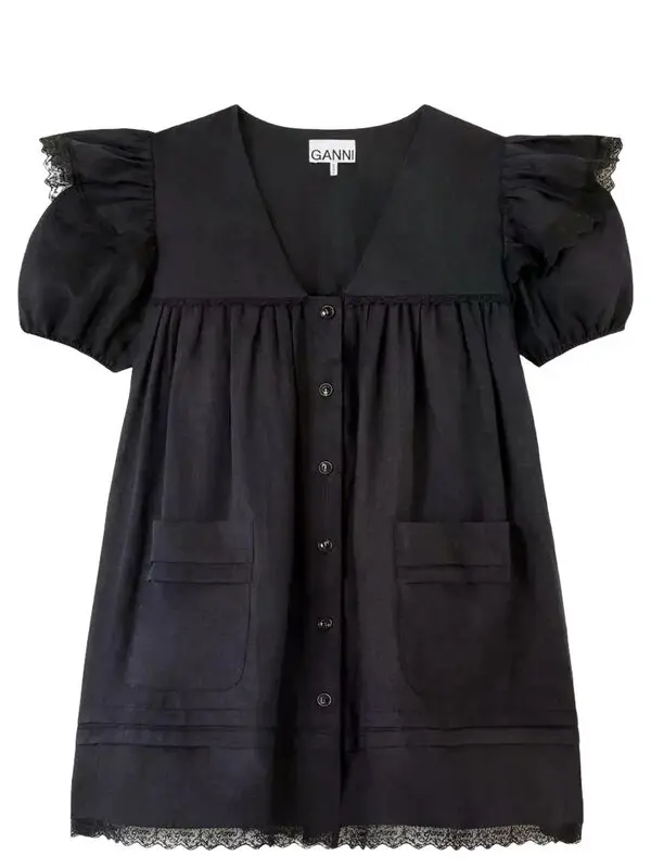 GANNI Ruffled Lace-trim Dress - Black