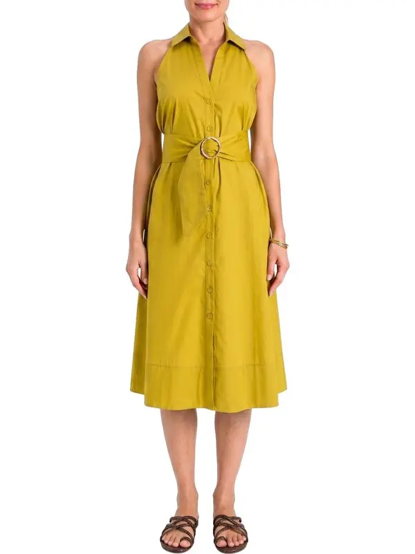 TWINSET Sleeveless Collared Belted Midi Dress - Green