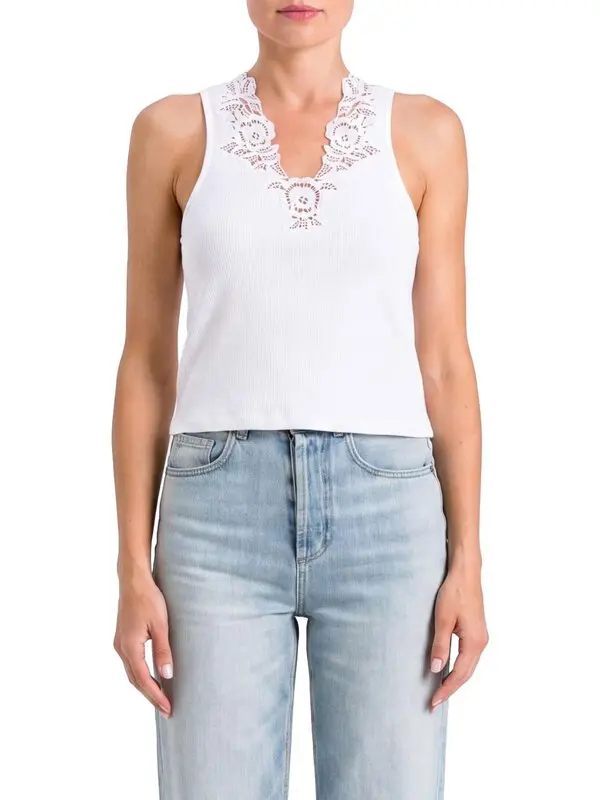 TWINSET Ribbed Lace Trim Tank - White