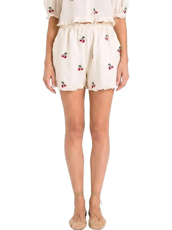 TWINSET Embroidered Ramie Mini Shorts - Cherry