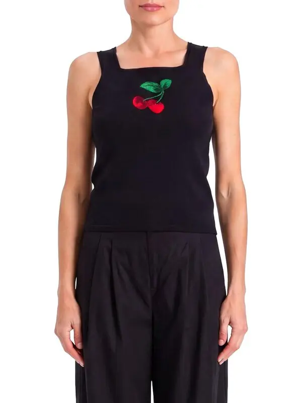 TWINSET Square Neck Top With Cherry Applique - Black