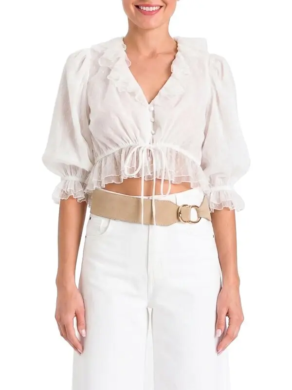 TWINSET White Cropped Top With Ruffle Detailing - Yellow Cream