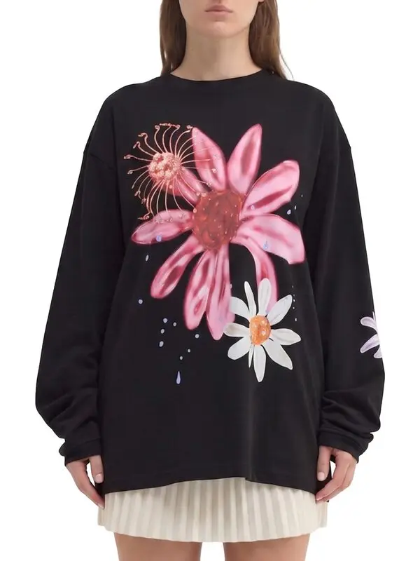 MARGHERITA MACCAPANI Floral Print Long Sleeve Oversized Cotton T-shirt - Black