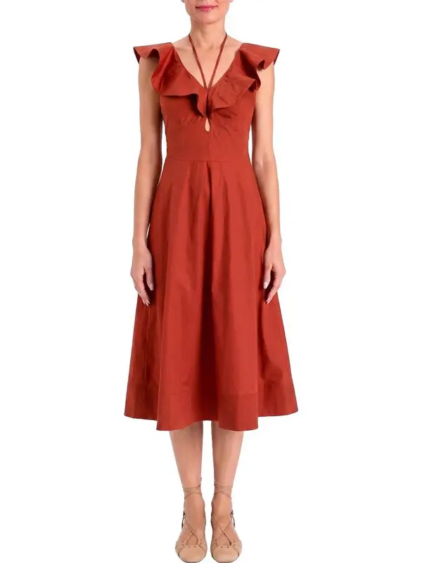 TWINSET Stretch Cotton Midi Dress With Ruffled Neckline - Brown