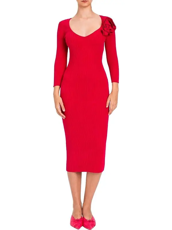 TWINSET Ribbed Jersey Midi Dress With Floral Appliqu - Fuchsia