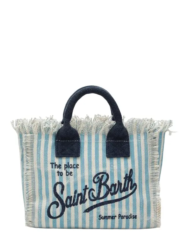 MC2 SAINT BARTH Colette Striped Fabric Bag With Fringes - Light Blue