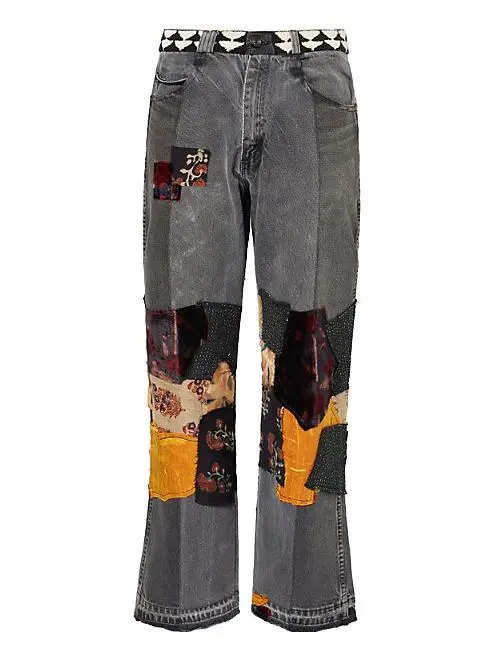 KARTIK RESEARCH Manali Patchwork Embroidered Denim Trousers - Black