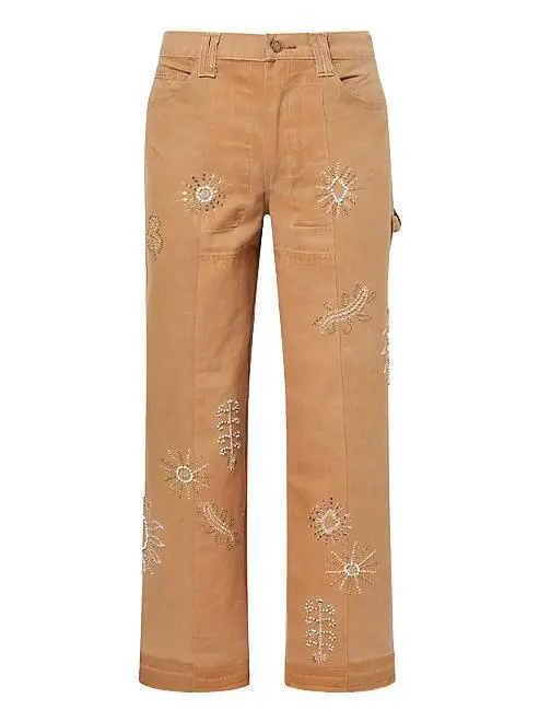 KARTIK RESEARCH Zardozi Bead-embroidered Denim Work Trousers - Beige