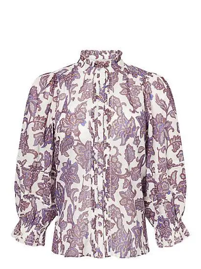 ME+EM Ornate Lace Floral Print Cotton Top - Light Cream Multi