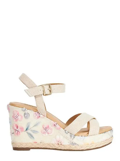 DUNE Kalmiah Floral Embroidered Wedge Sandals - Natural Fabric