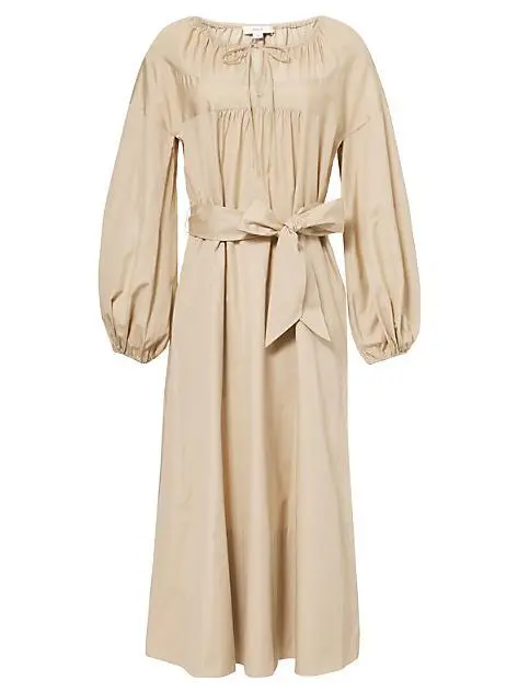 Vince Shirred Neck Cotton Maxi Dress - Sand Beige