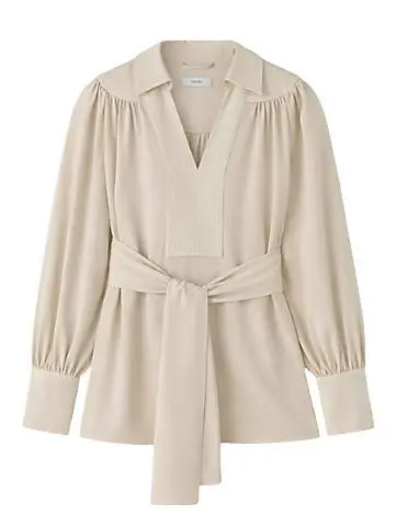 JOSEPH Belted Waist Crepe Blouse - Sandstone
