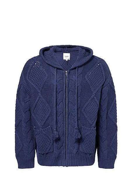 FOUND Cable Knit Zip-through Cotton-blend Hoody - Navy