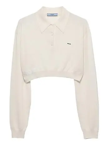 Prada Cropped Cashmere Long Sleeve Polo - White