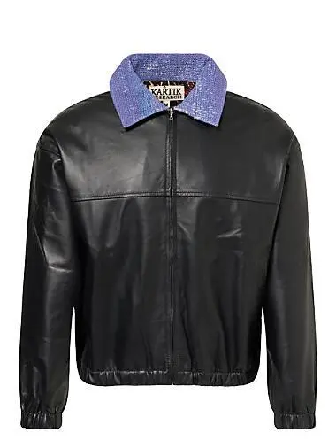 KARTIK RESEARCH Leather Jacket With Contrast Collar - Black Purple