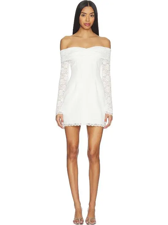 RUNAWAY THE LABEL Leona Long Sleeve Off-the-shoulder Mini Dress With Lace Trim - White