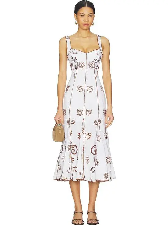 Charo Ruiz Ibiza Naia Embroidered Linen Blend Dress - White & Brown
