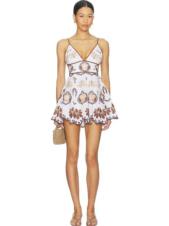 Charo Ruiz Ibiza Embroidered Linen Mini Dress - White & Brown