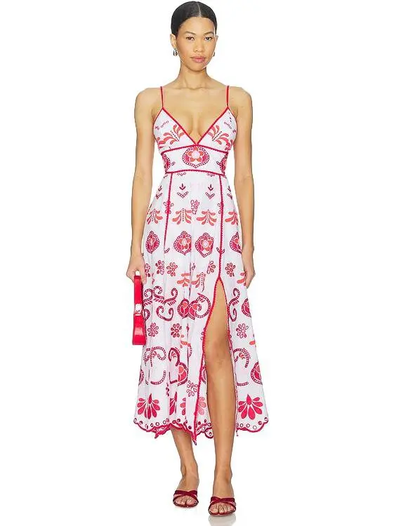 Charo Ruiz Ibiza Gardea Embroidered Linen Blend Maxi Dress - White & Red