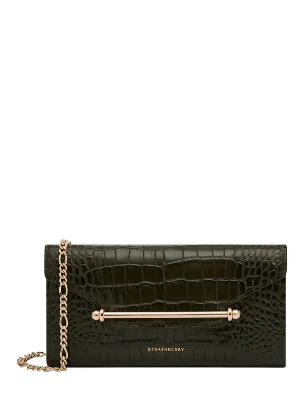 Strathberry Multrees Chain Wallet Croc Effect Leather Mini Clutch - Green