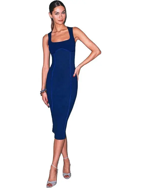 FLEUR DU MAL Organic Cotton Square Neck Midi Dress - Navy / Blue