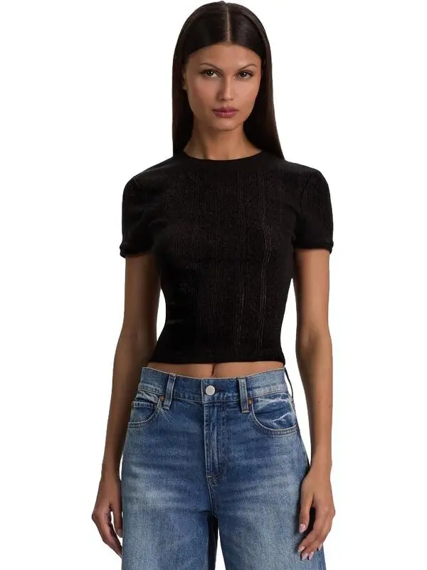 Alice + Olivia Tess Crew Neck Pointelle Tee - Black