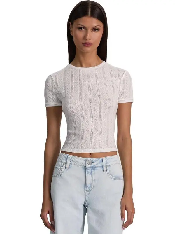 Alice + Olivia Tess Crew Neck Pointelle Tee - White