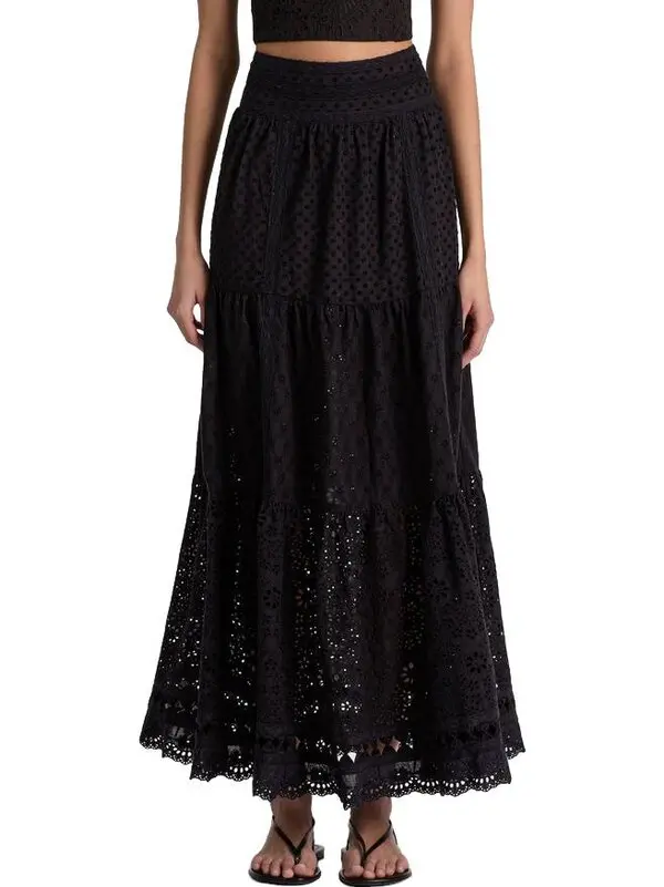 Alice + Olivia Embroidered Eyelet Cotton Midi Skirt - Black