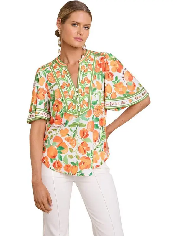 Hale Bob Jersey Floral Print Top With Bell Sleeves - Orange