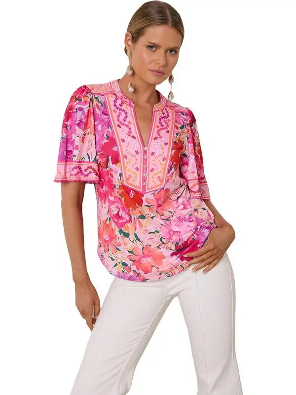 Hale Bob Jersey Floral Print Top With Bell Sleeves - Pink
