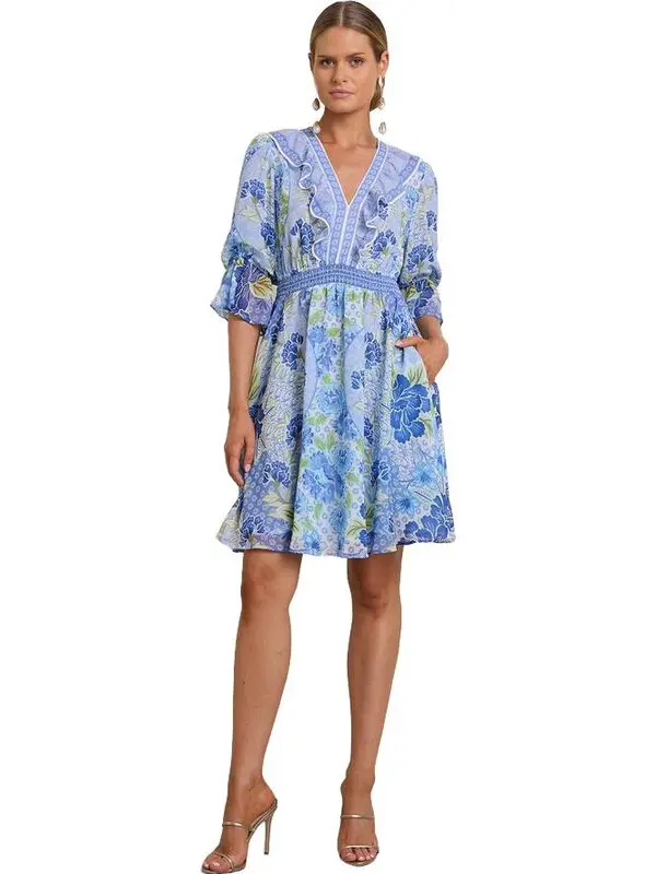 Hale Bob Chiffon Floral Dress With Smocked Waist - Blue