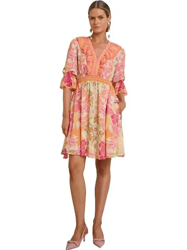 Hale Bob Chiffon Floral Dress With Smocked Waist - Pink