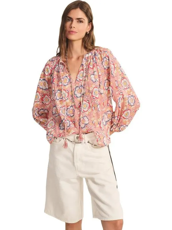 Velvet By Graham & Spencer Reese Printed Cotton V-neck Puffed Sleeve Top - Neutral / Floral
