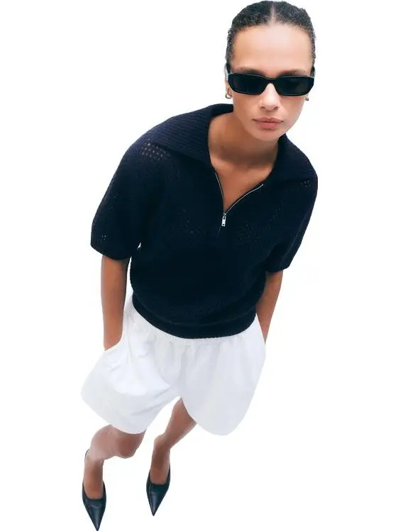 WHITE & WARREN Cashmere Mesh Zip Polo - Navy