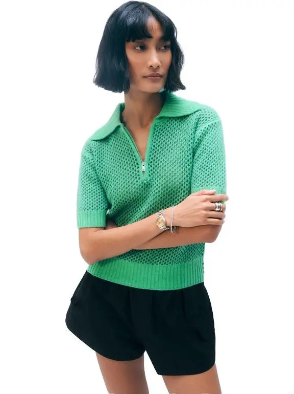 WHITE & WARREN Cashmere Mesh Quarter Zip Polo - Green