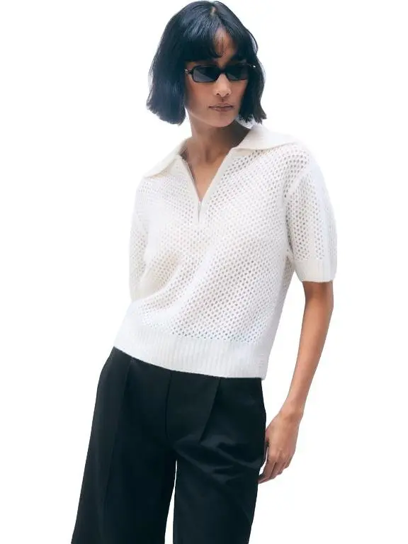 WHITE & WARREN Cashmere Mesh Zip Polo - White