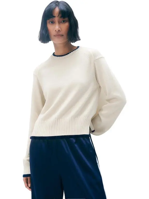 WHITE & WARREN Cotton Crewneck Sweater With Contrast Tipping - Navy