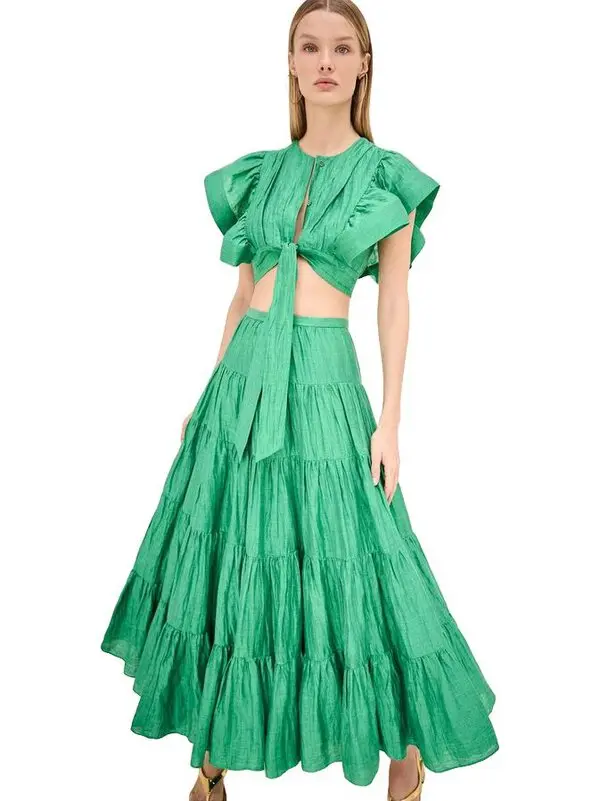 Alexis Varenna Cropped Top With Ruffle Sleeves And Front Tie - Green