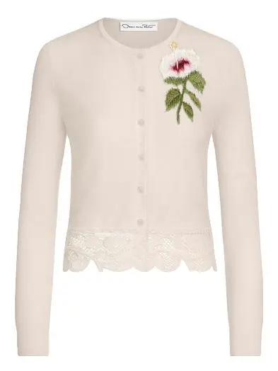 Oscar De La Renta Chiné Hibiscus Threadwork Cropped Cardigan With Guipure Lace Trim - Natural