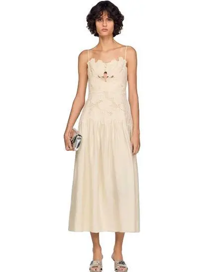 Sandro Guipure Lace Midi Dress - Neutral / White